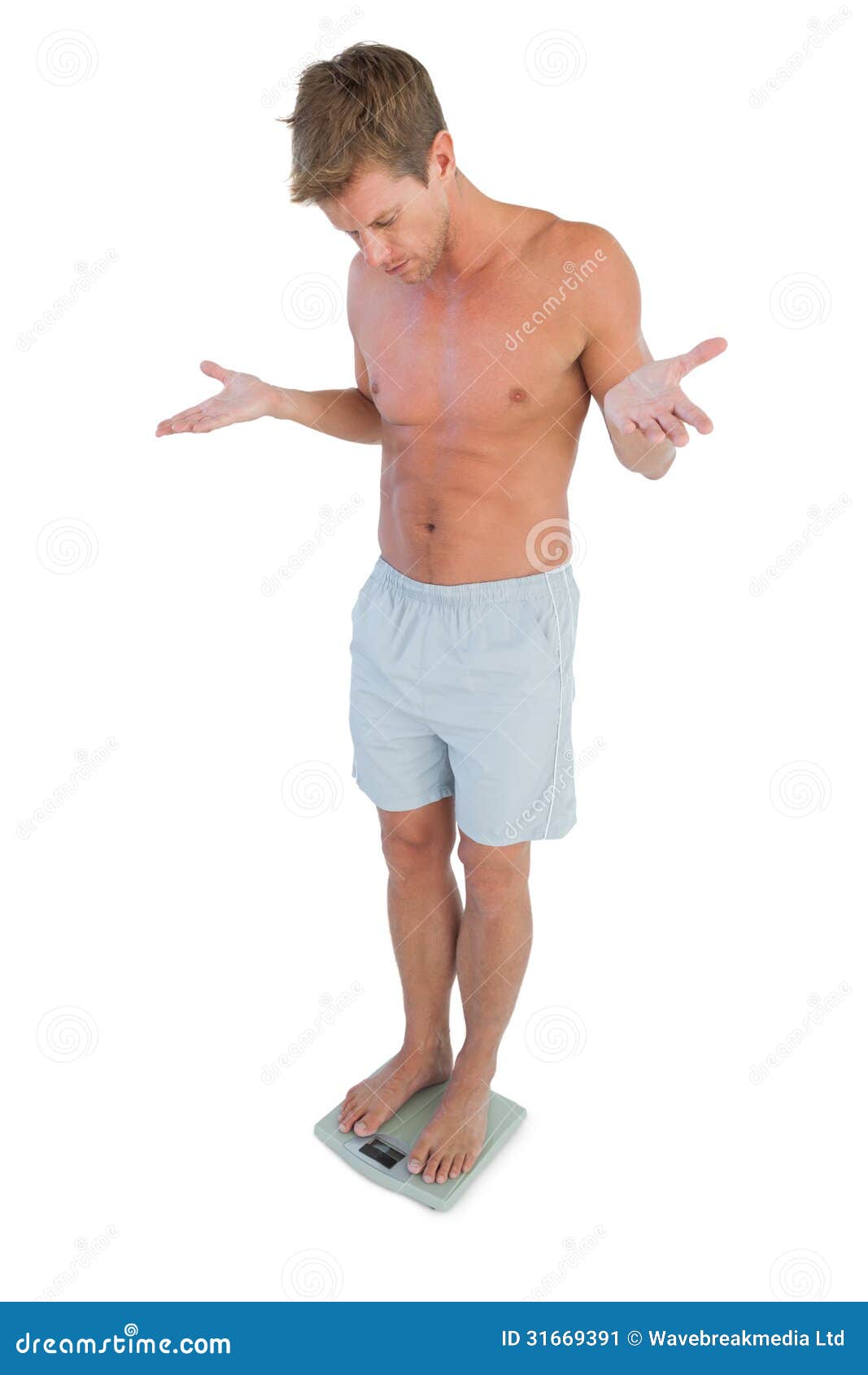 Confused Man Gesturing while Standing on a Weighing Scale Stock Image ...