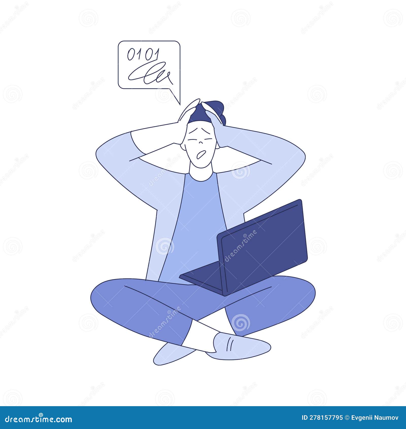 Confused Man Sitting with Laptop Computer Programming Vector ...