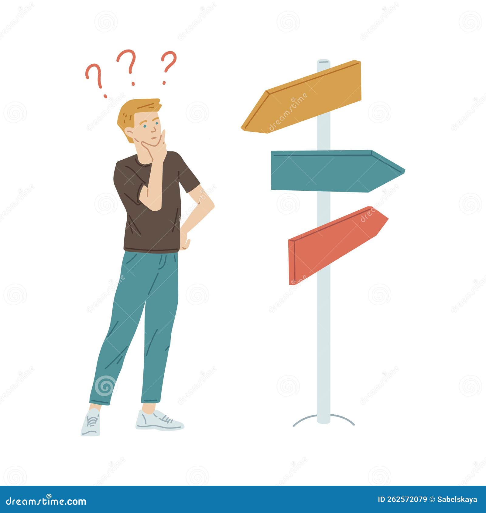 Confused Man Standing in Front of Path Sign Choosing Pathway, Flat ...