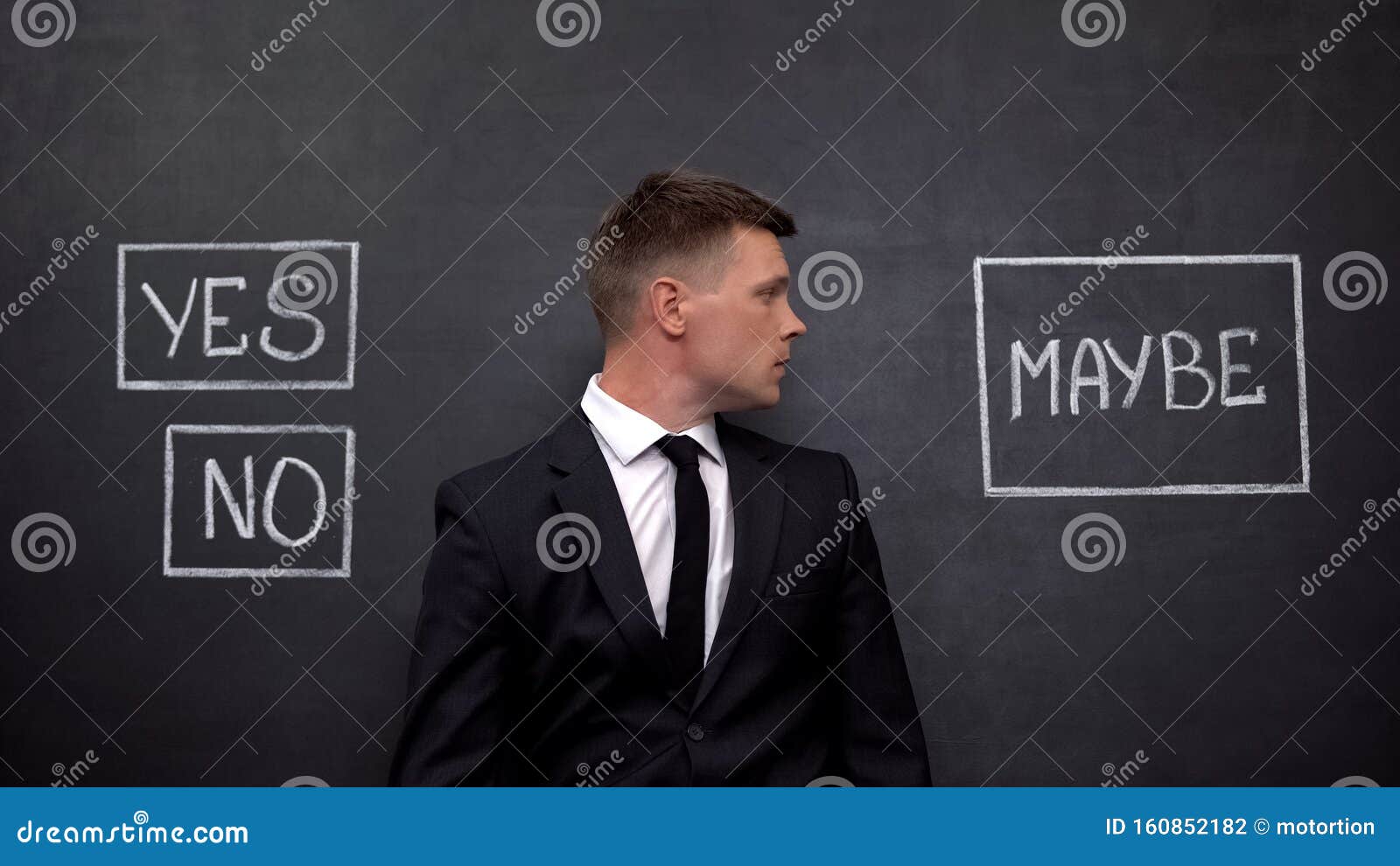 Confused Man in Suit Doubting between Yes, No and Maybe Buttons on ... Confused Man in Suit Doubting between Yes, No and Maybe Buttons on ...