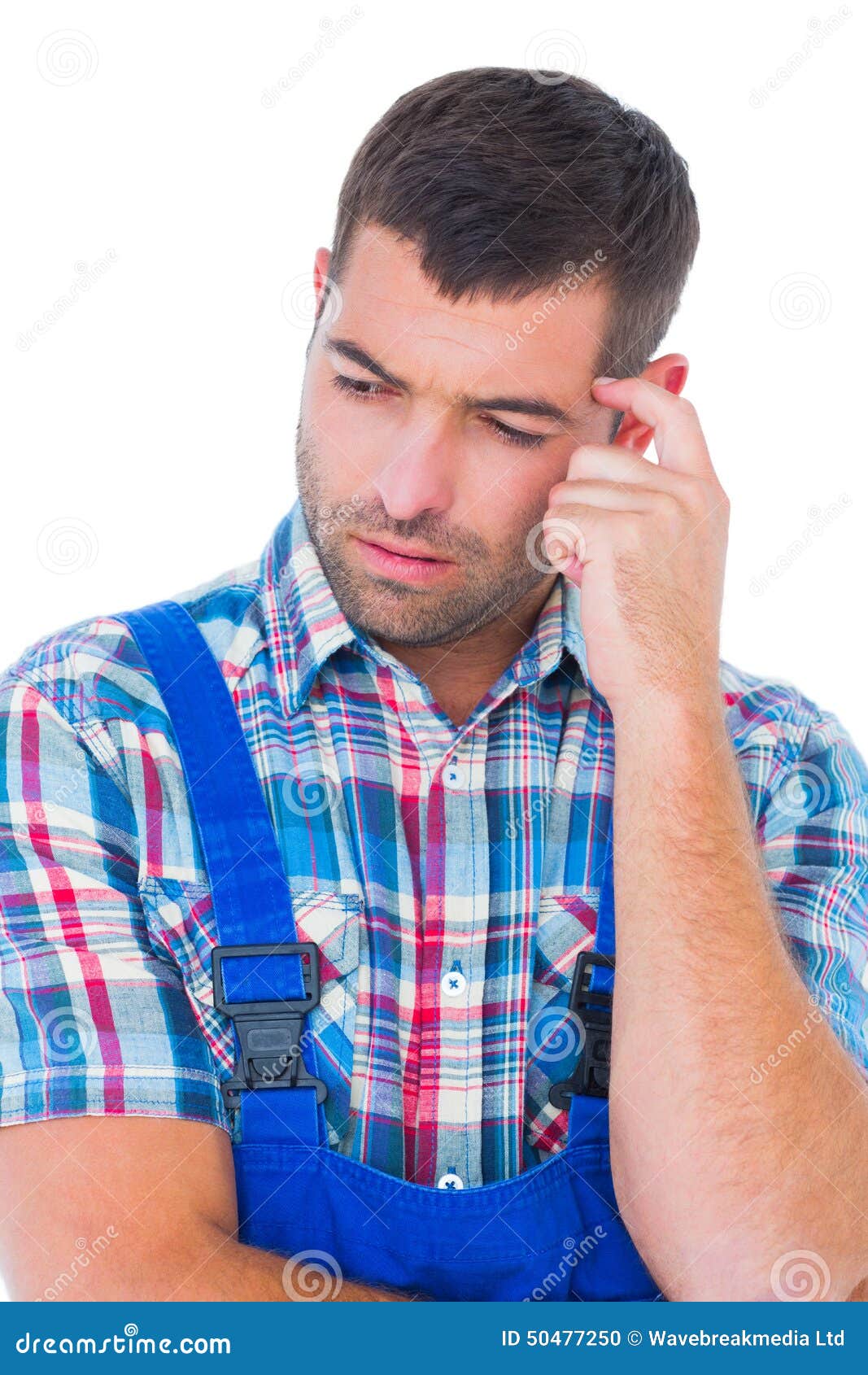 Confused Manual Worker Looking Down Stock Photo - Image of male ...