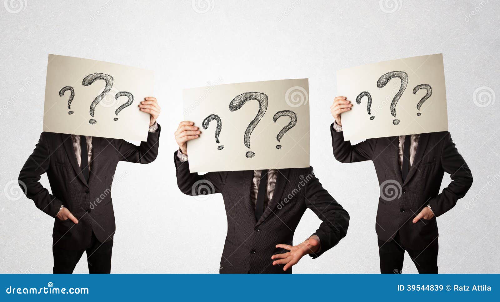 Confused Men In Formal Gesturing With Question Marks On Cardboard Stock ...