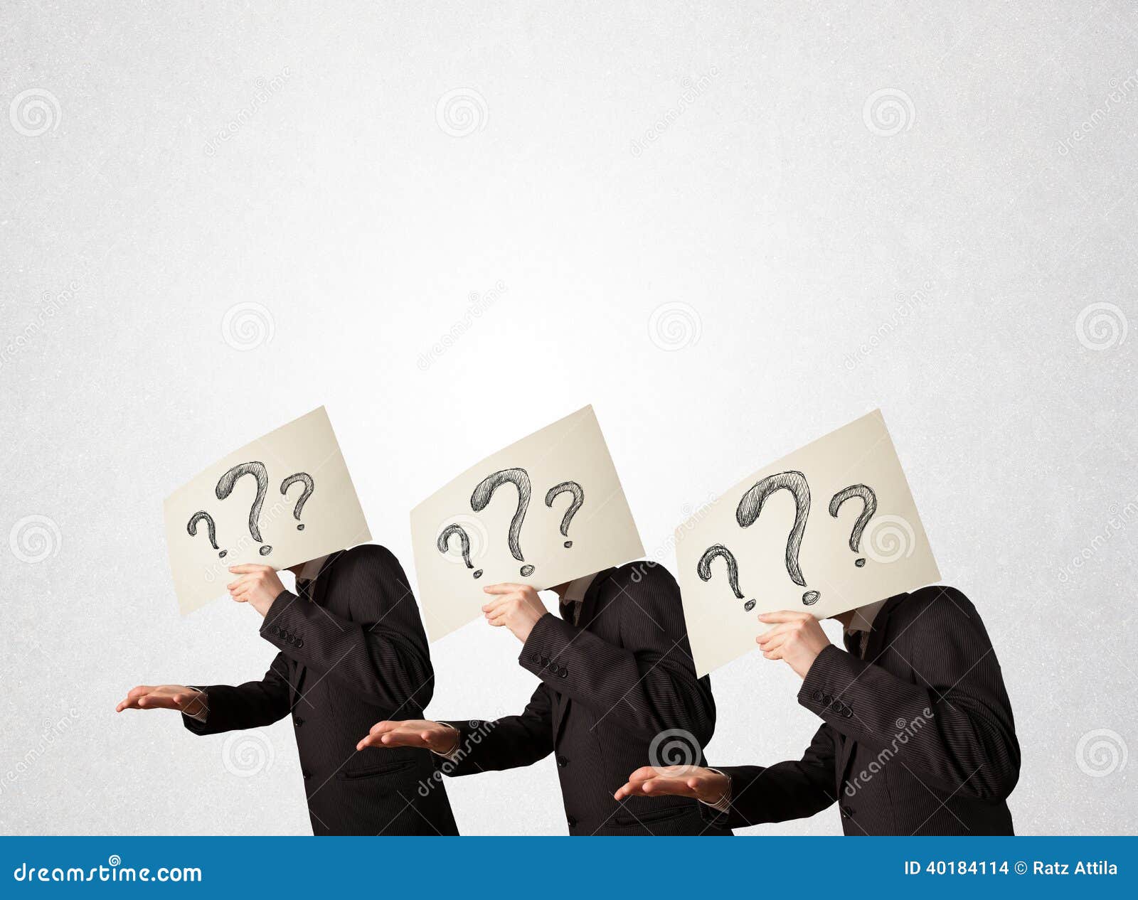 Confused Men In Formal Gesturing With Question Marks On Cardboard Stock ...