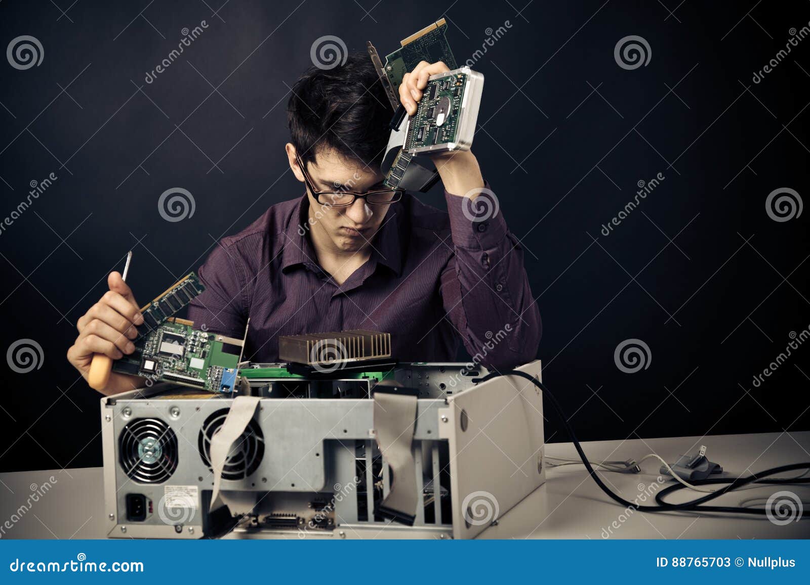 Confused Nerd with Lots of Hardware Stock Image - Image of professional ...