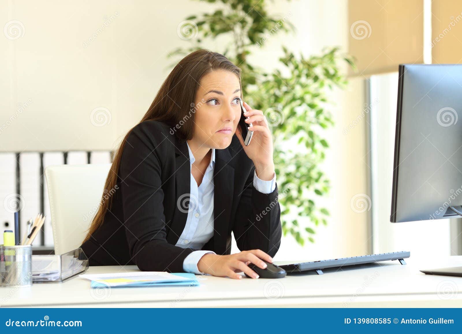 Confused Office Worker Calling on Phone Stock Image - Image of ...