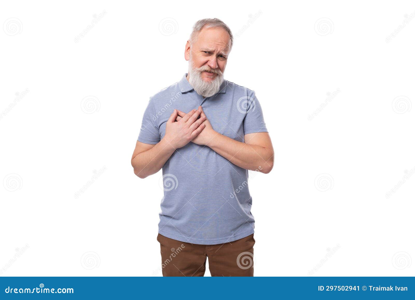 Confused Old Man with White Mustache and Beard Dressed in Basic T-shirt ...