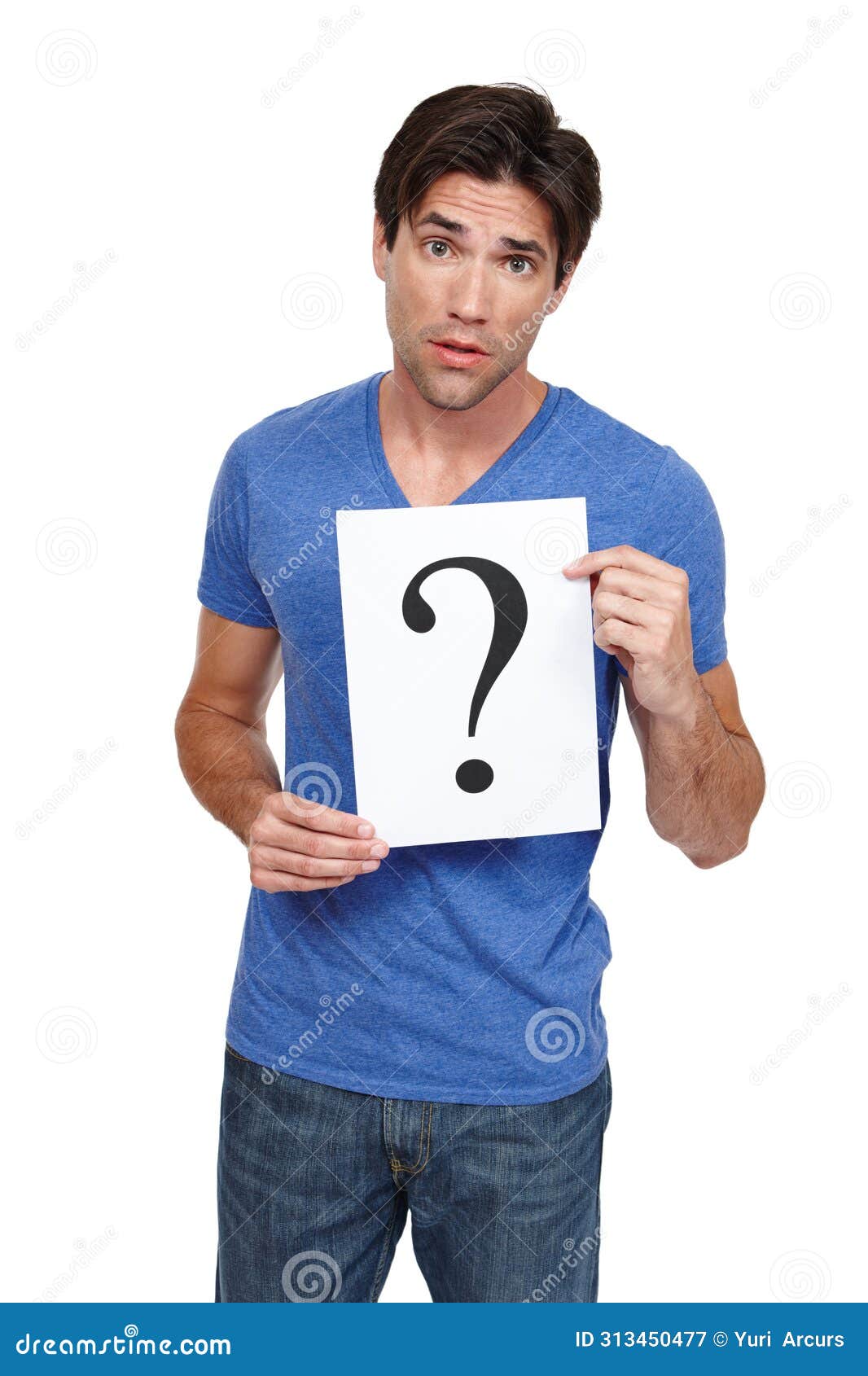 Confused, Poster or Portrait of Man with Question Mark in Studio Asking ...