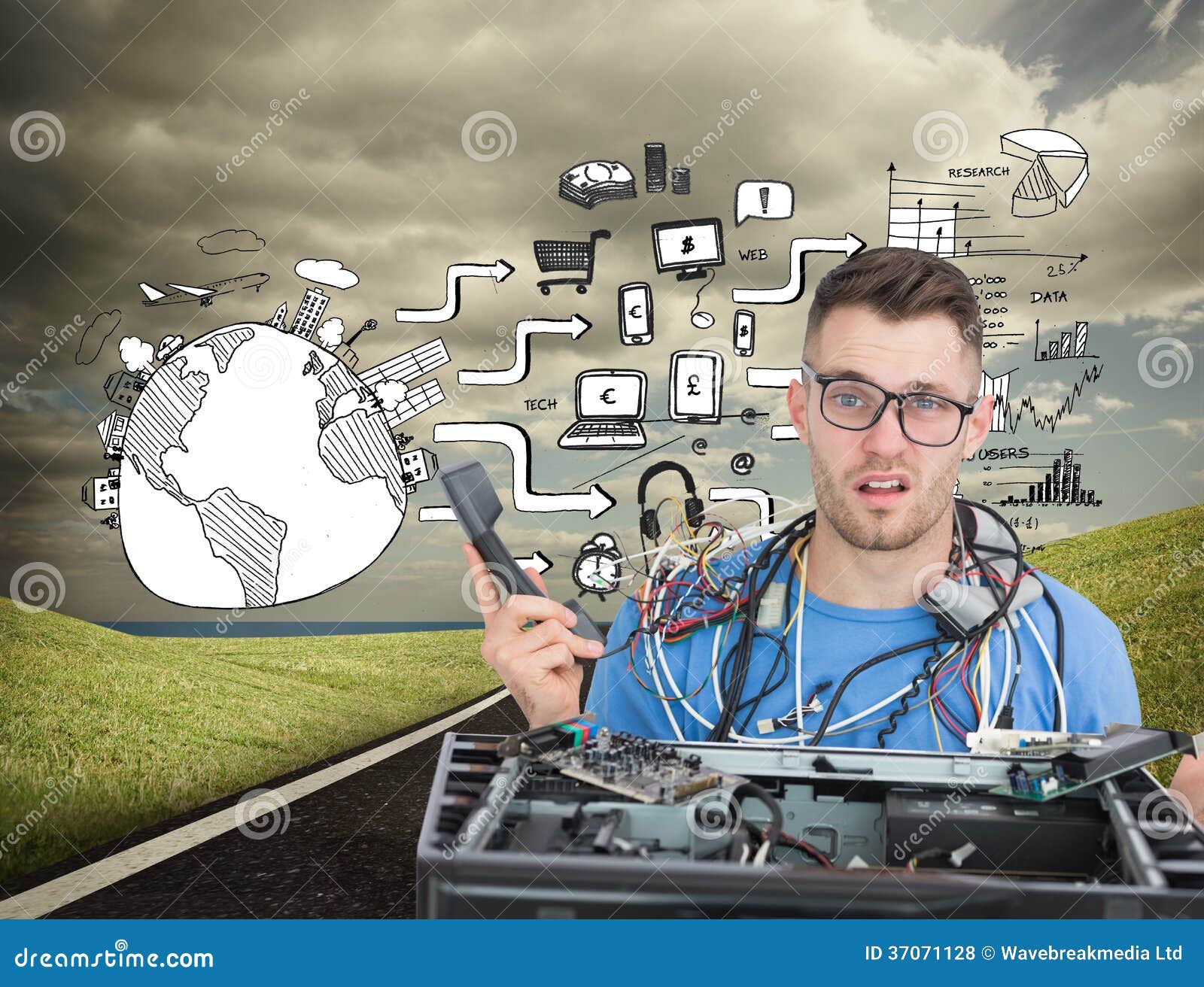 Confused it Professional with Cables and Phone in Front of Open Cpu ...