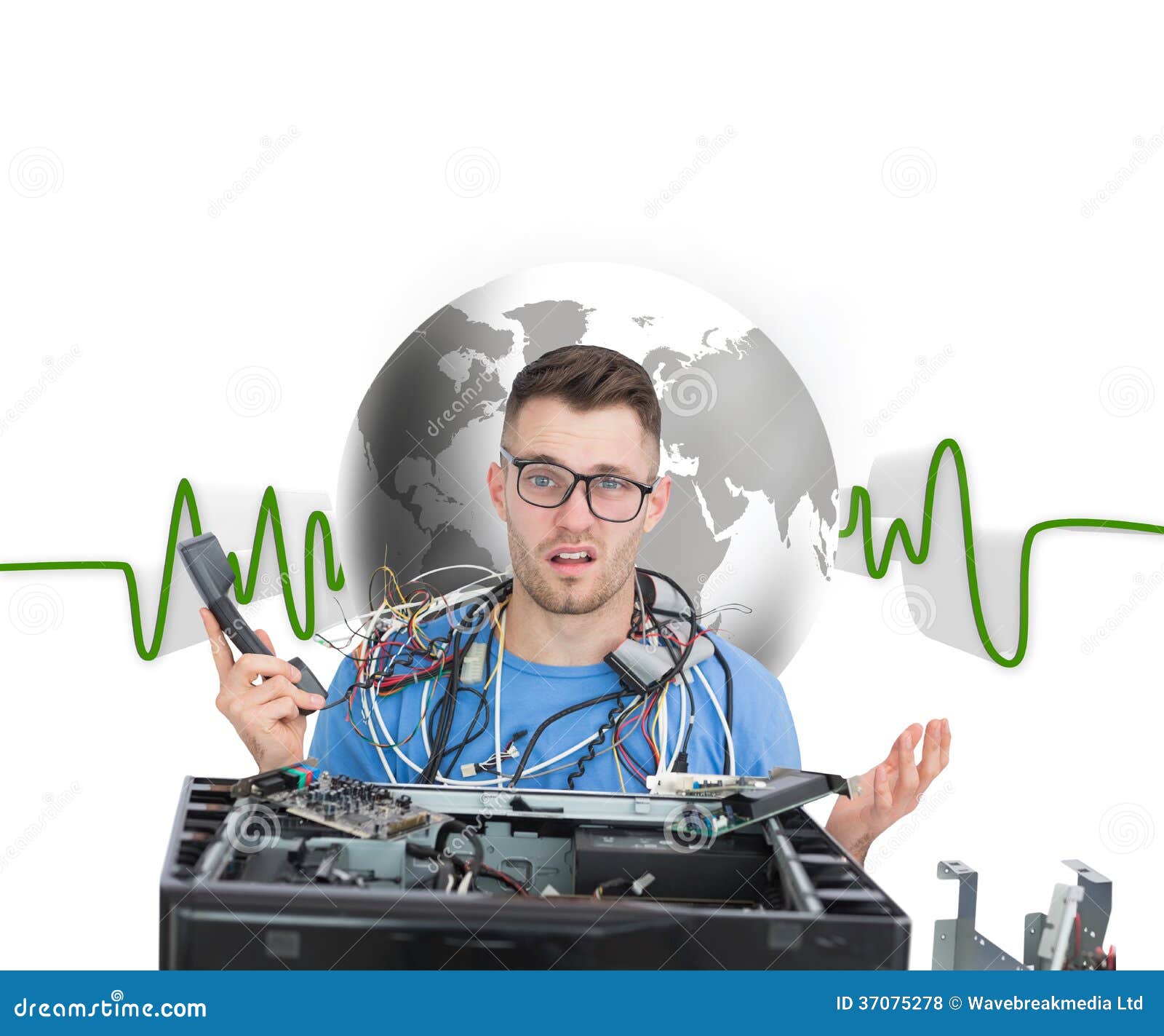 Confused it Professional with Cables and Phone in Front of Open Cpu ...