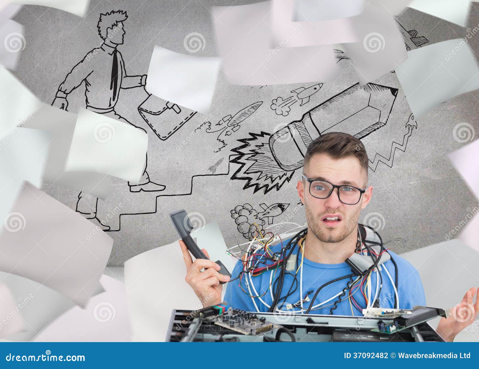 Confused it Professional with Cables and Phone in Front of Open Cpu ...