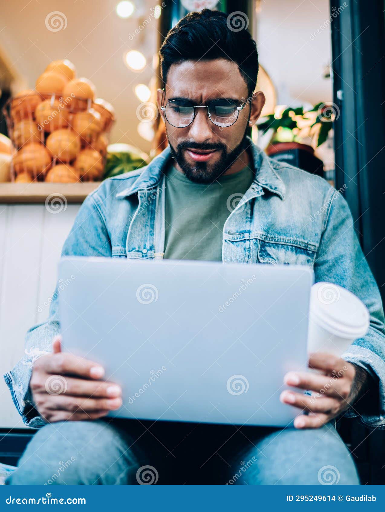 Confused Remote Worker Browsing Laptop in Street Stock Photo - Image of ...