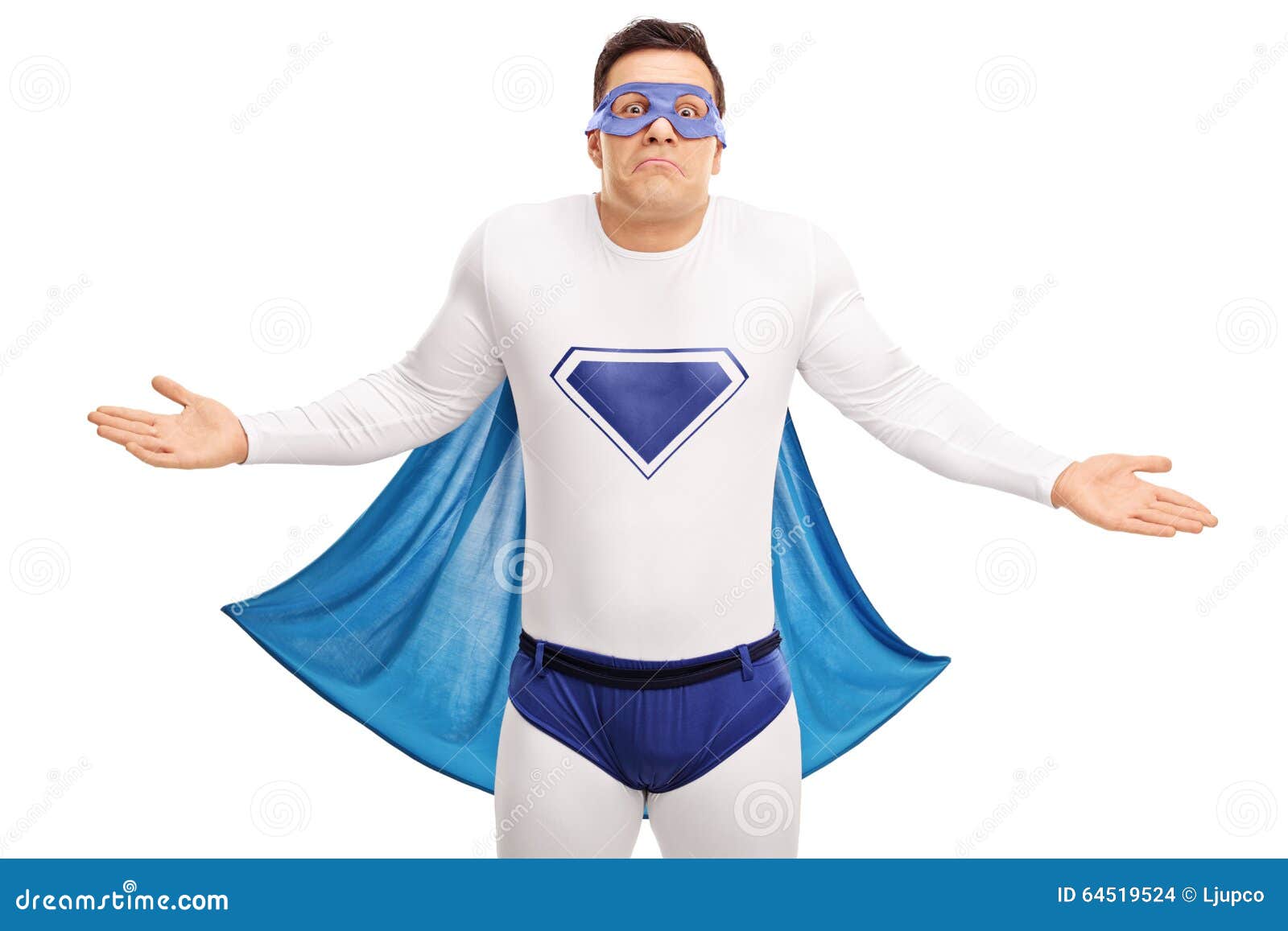 Confused Superhero with a Blue Cape Stock Photo - Image of hand, cape ...