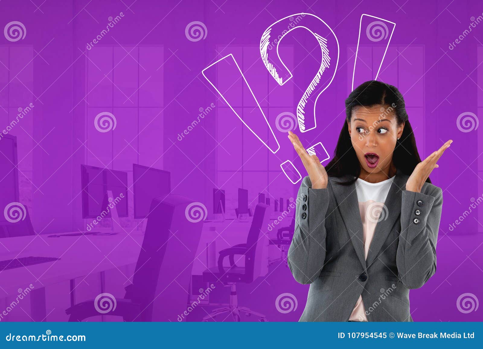 Confused or Surprised Woman Looking Left in an Office with Exclamation ...