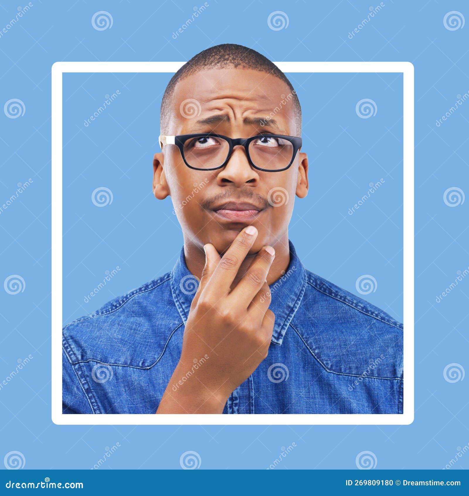 Confused, Thinking and Black Man in Studio with Frame, Mockup and Blue ...