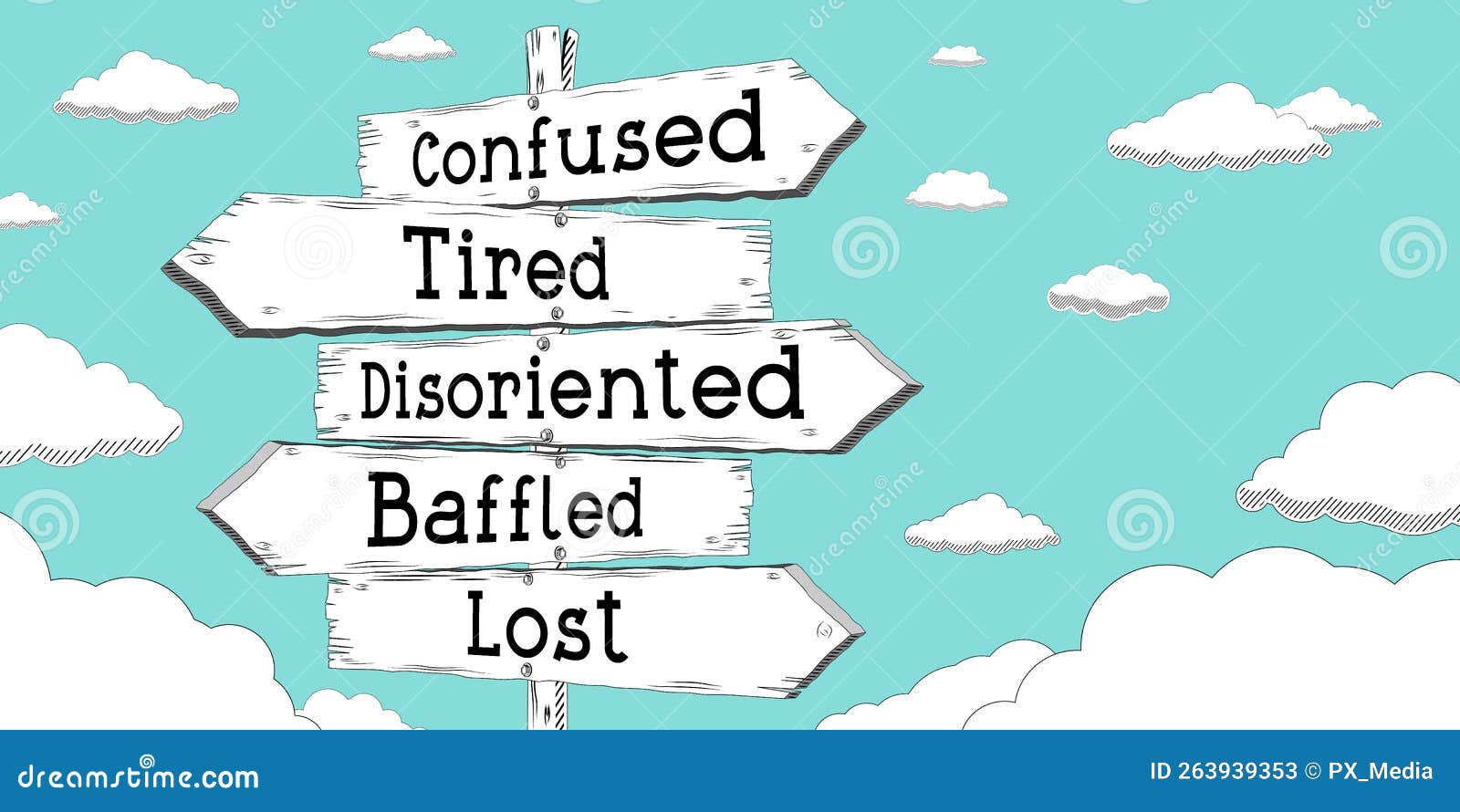 Confused, Tired, Disoriented, Baffled, Lost - Outline Signpost With ... Confused, Tired, Disoriented, Baffled, Lost - Outline Signpost With ...