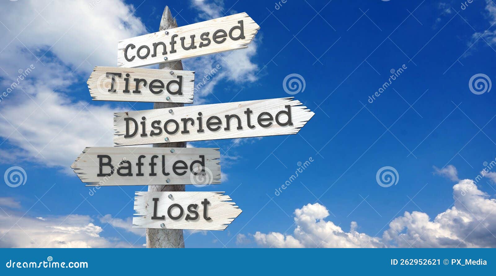 Confused, Tired, Disoriented, Baffled, Lost - Wooden Signpost with Five ... Confused, Tired, Disoriented, Baffled, Lost - Wooden Signpost with Five ...