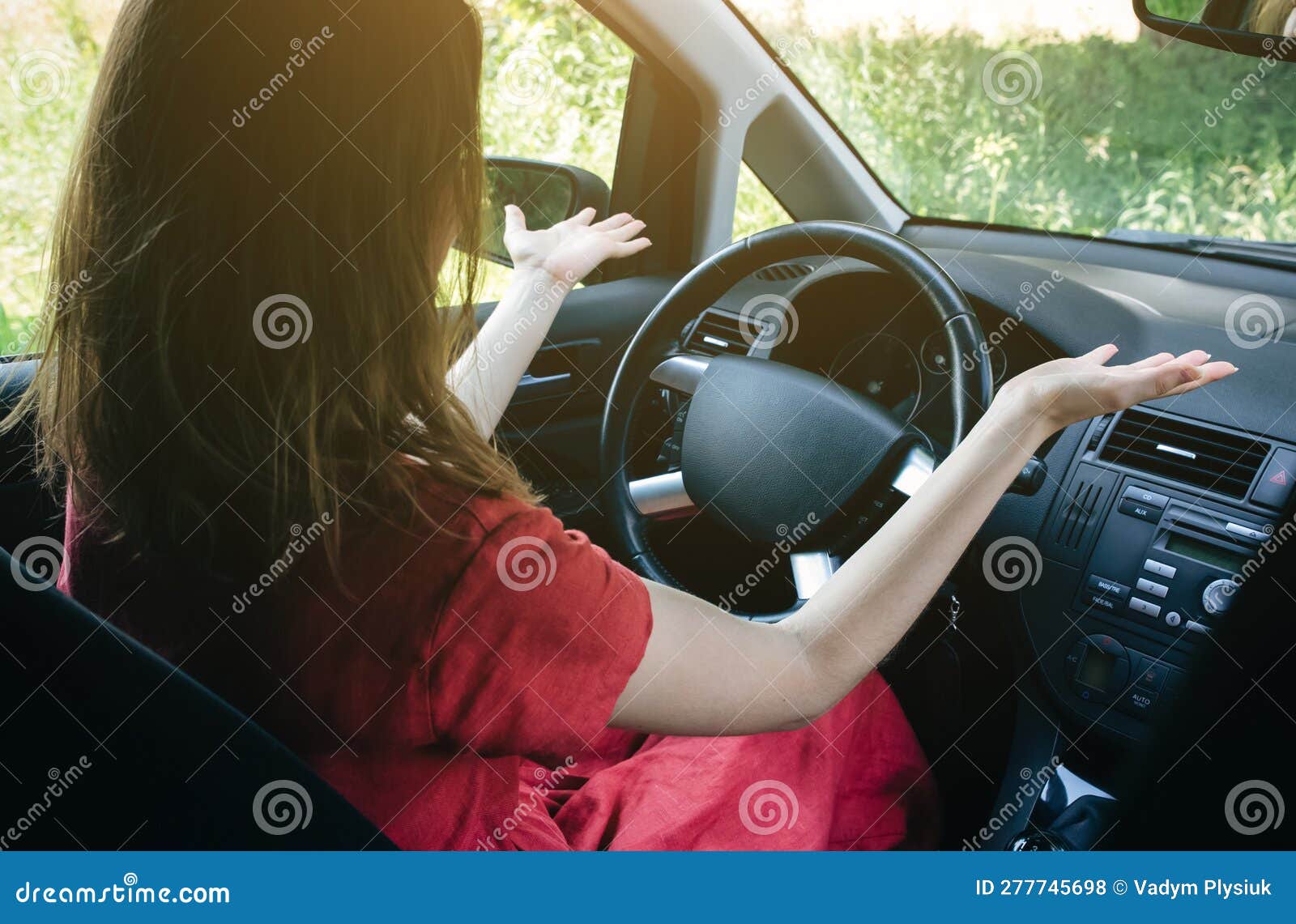 Confused Woman Behind the Wheel. Unknown Situation while Driving Stock ...