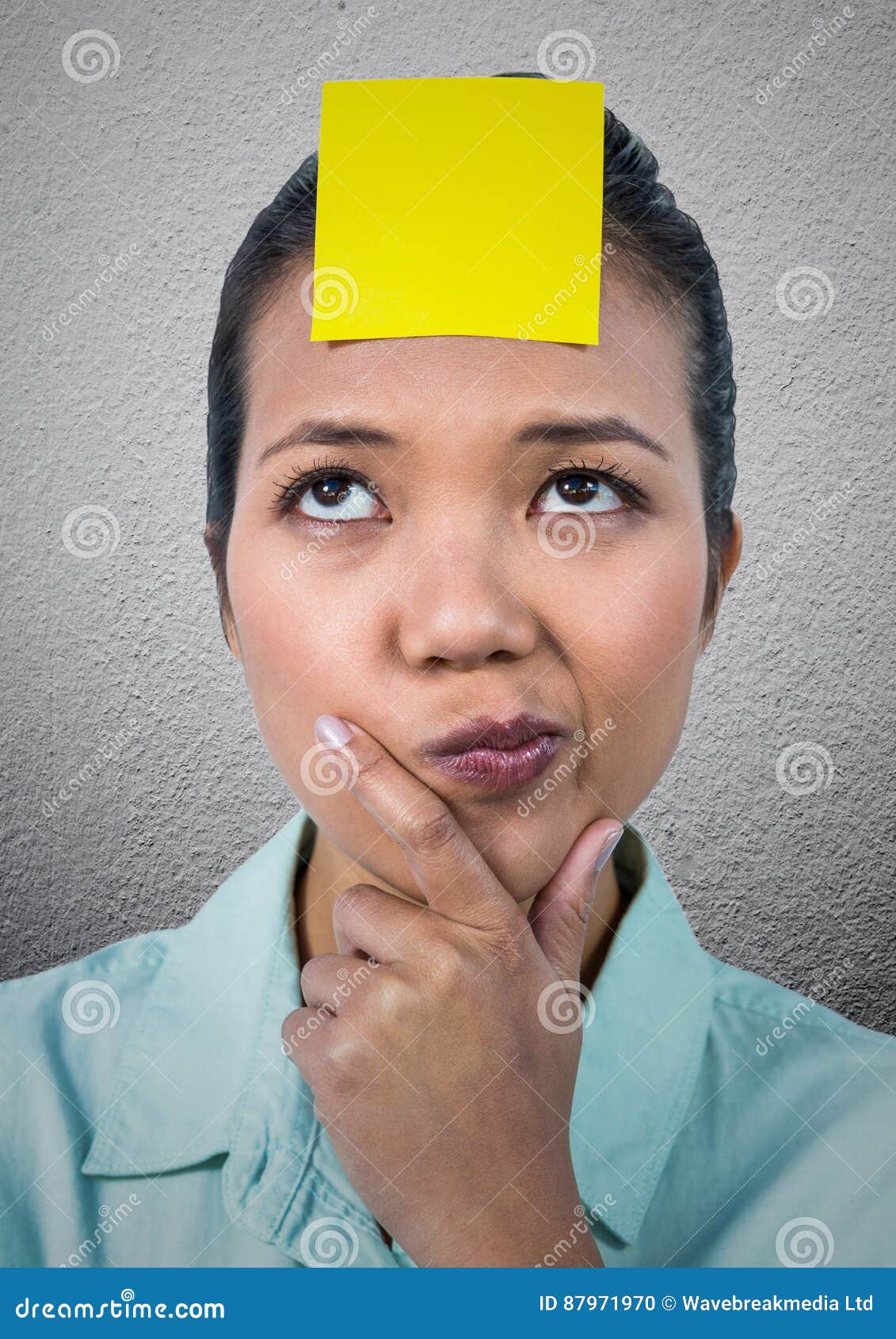 Confused Woman with Blank Sticky Note on Her Forehead Stock Photo ...
