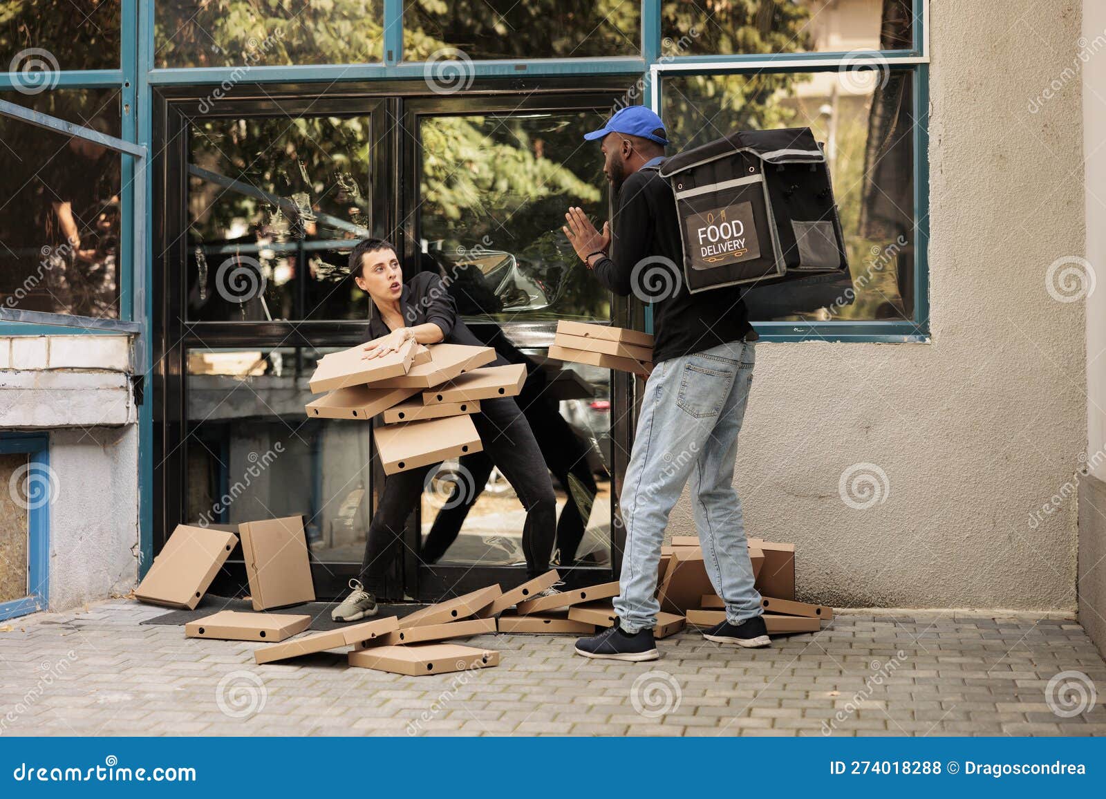 Confused Woman Catching Falling Pizza Boxes Stack Stock Photo - Image ...