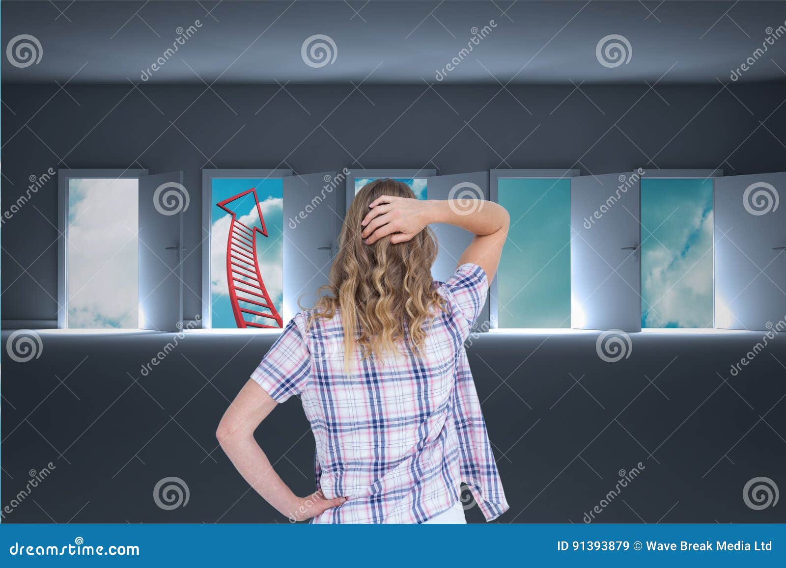 Confused Woman Looking at Arrow Shape Ladder through Window Stock Image ...