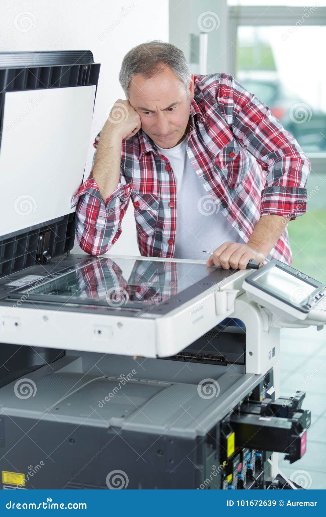 Confused Worker Fixing Printer Stock Image - Image of information ...
