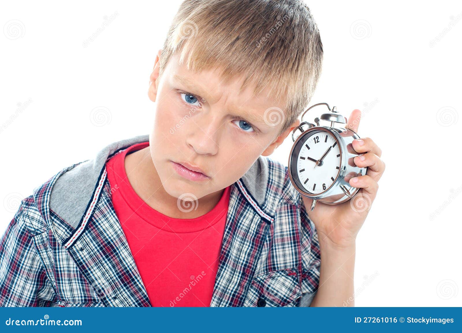Confused Young Kid Holding Time Piece Stock Photo - Image of child ...