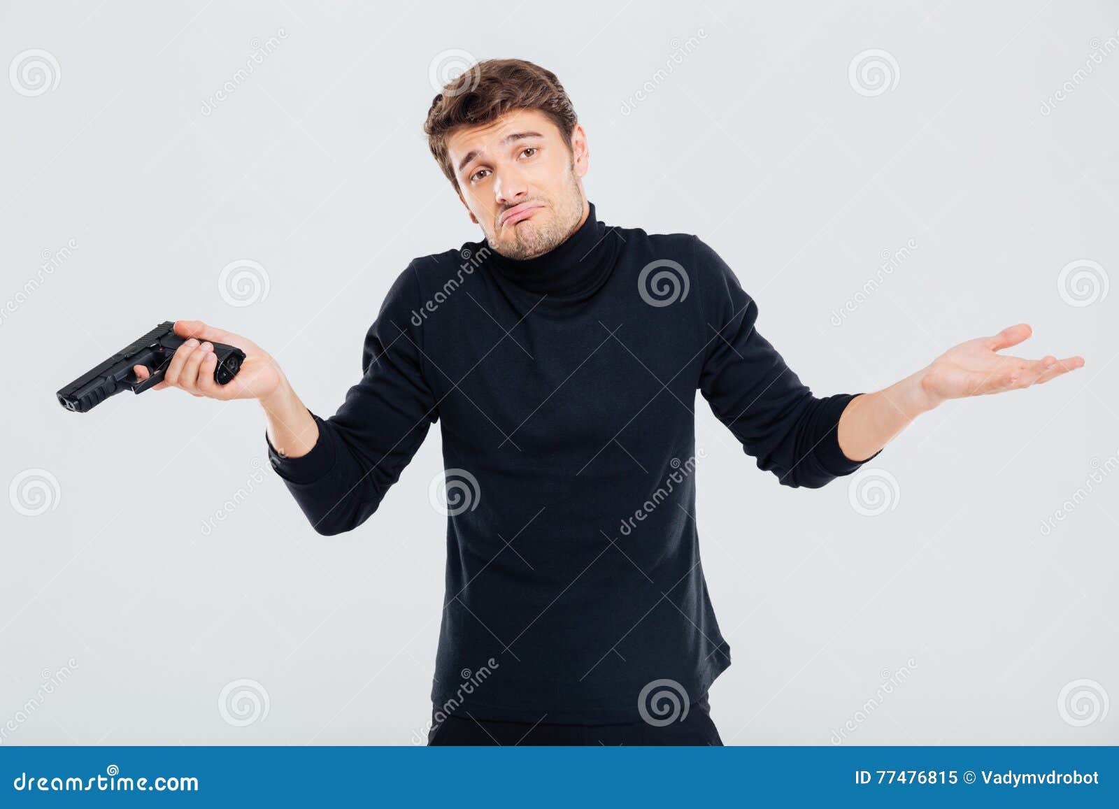 Confused Young Man with Gun Shrugging His Shoulders Stock Image - Image ...