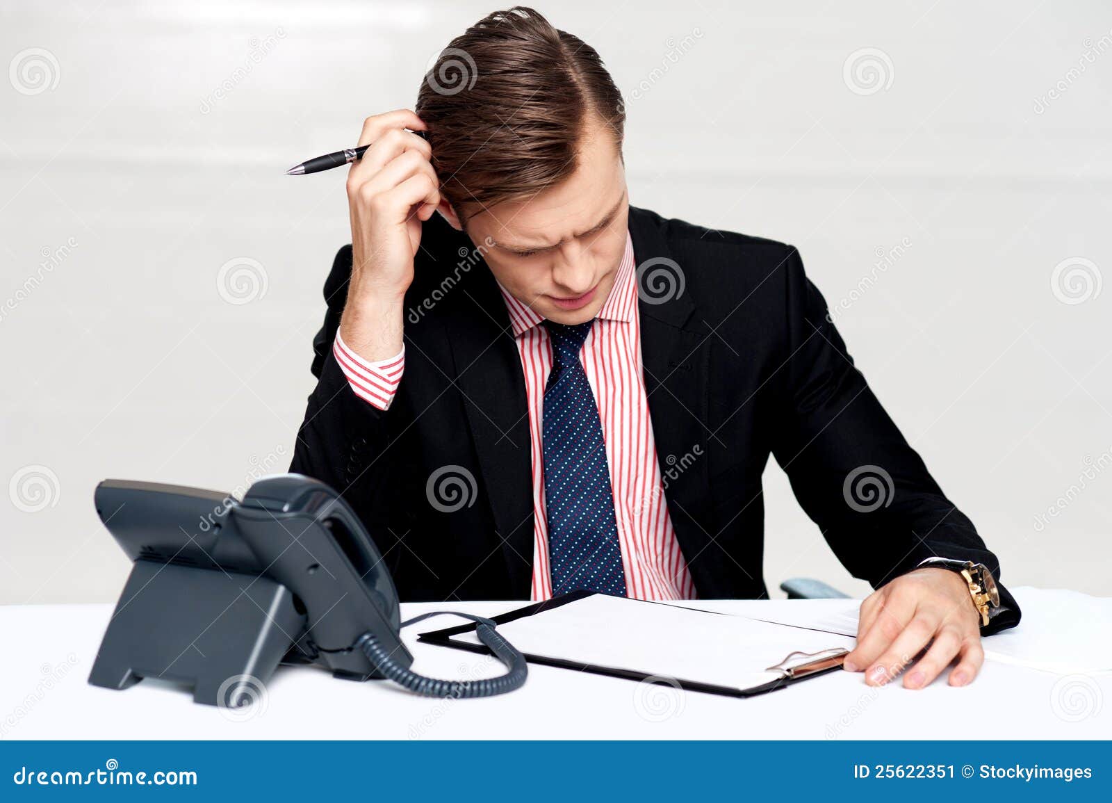 Confused Young Man Itching His Head with Pen Stock Image - Image of ...