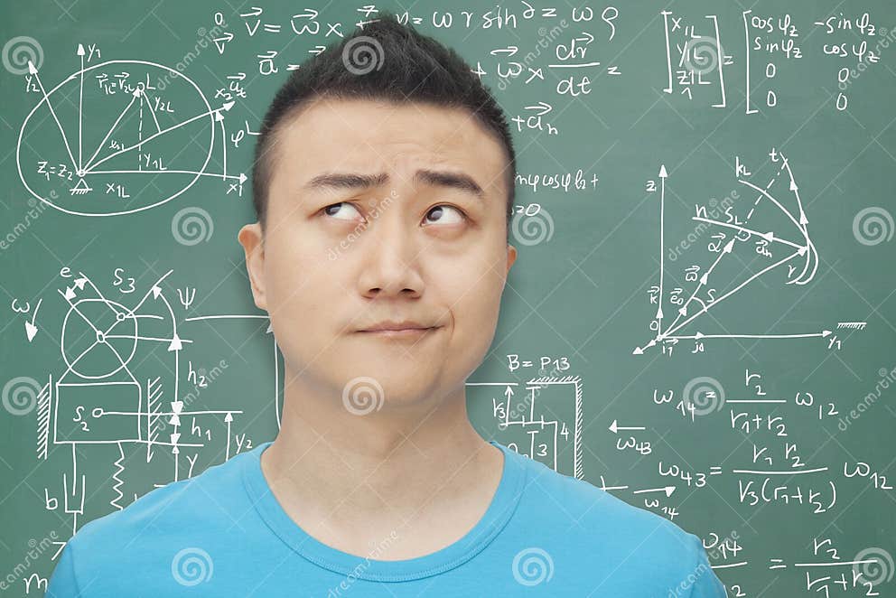 Confused Young Student in Front of Blackboard with Math Equations ...