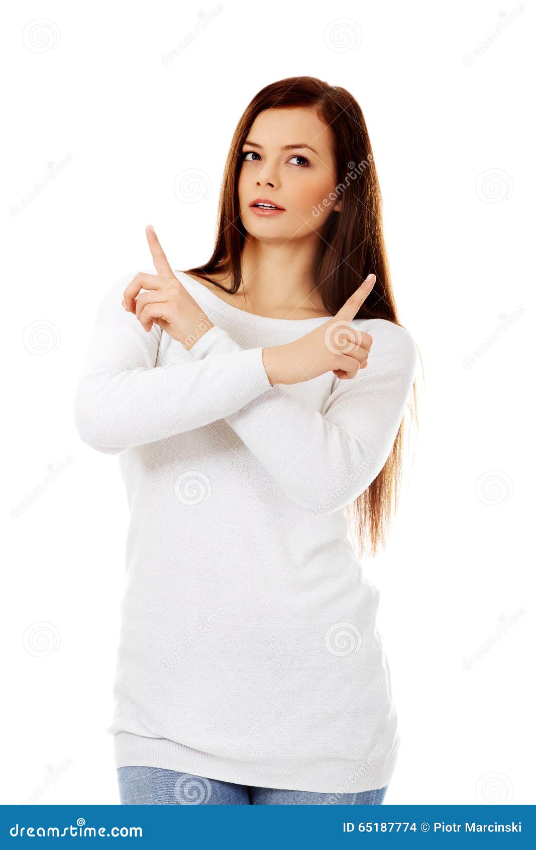 Confused Young Woman Pointing in Two Different Directions Stock Photo ...