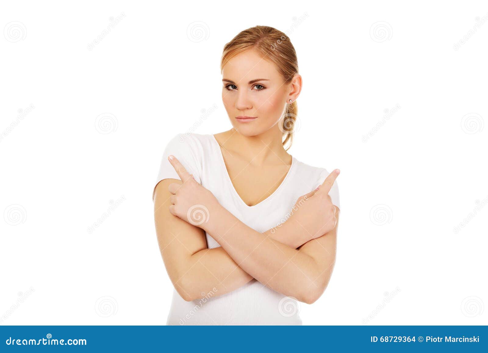 Confused Young Woman Pointing in Two Different Directions Stock Photo ...