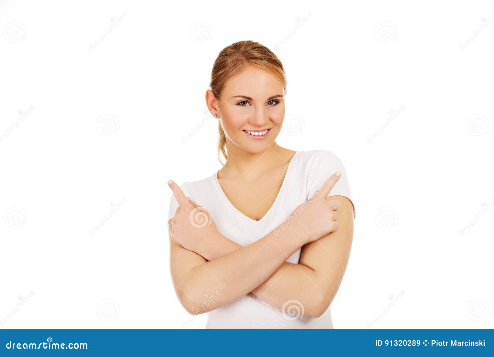 Confused Young Woman Pointing in Two Different Directions Stock Image ...