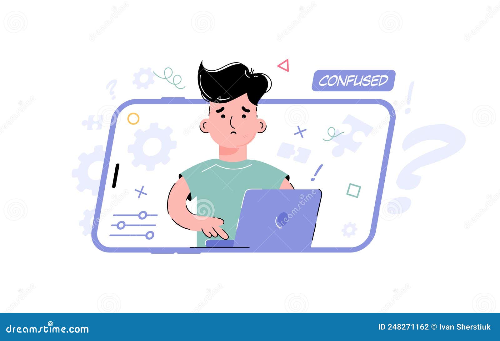 Confusion Theme. Confused Boy Works at the Computer. Element for the ...