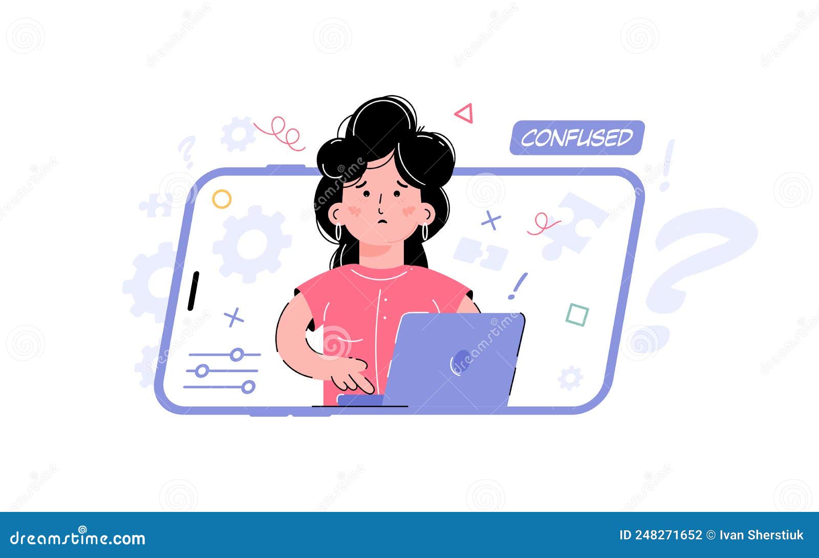Confusion Theme. Confused Girl Works at a Computer. Element for the ...