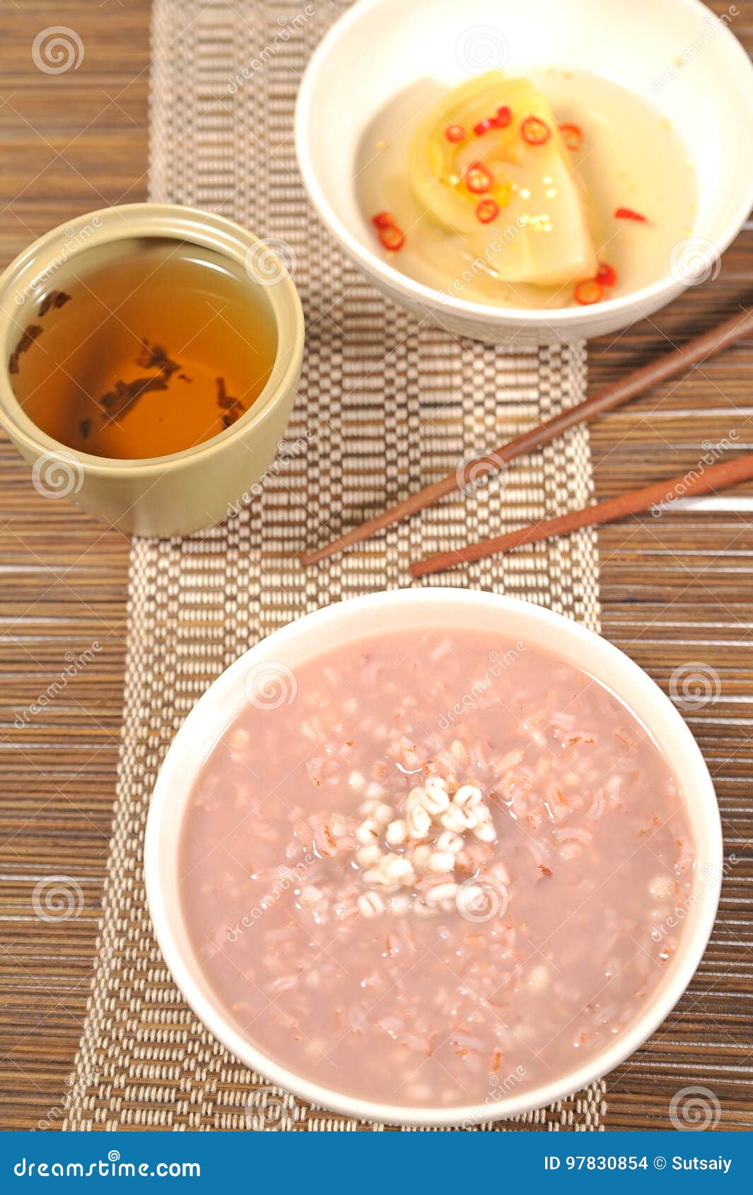Congee red rice and tea stock photo. Image of culture - 97830854