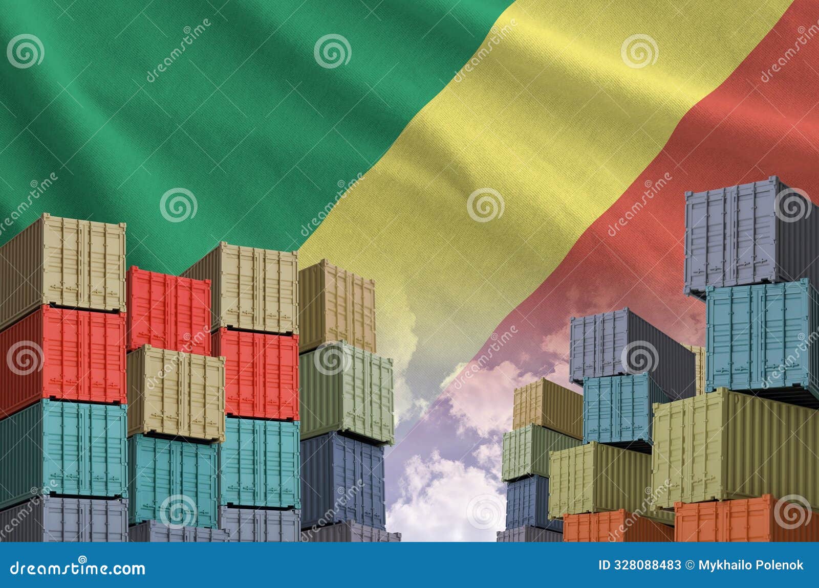 Congo Flag and Big Stack of Shipping Cargo Containers in Docks with Sky ...