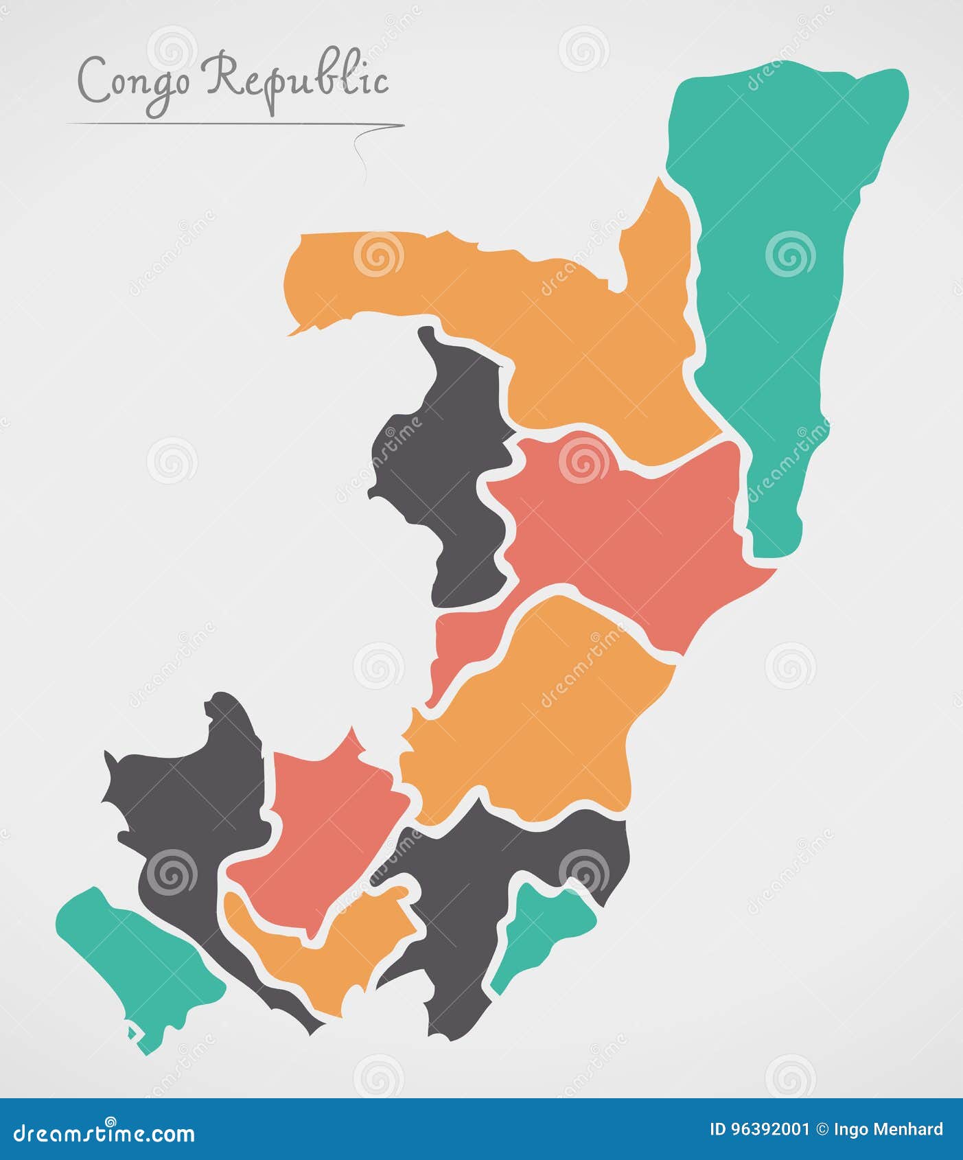 Congo Republic Map with States and Modern Round Shapes Stock ...