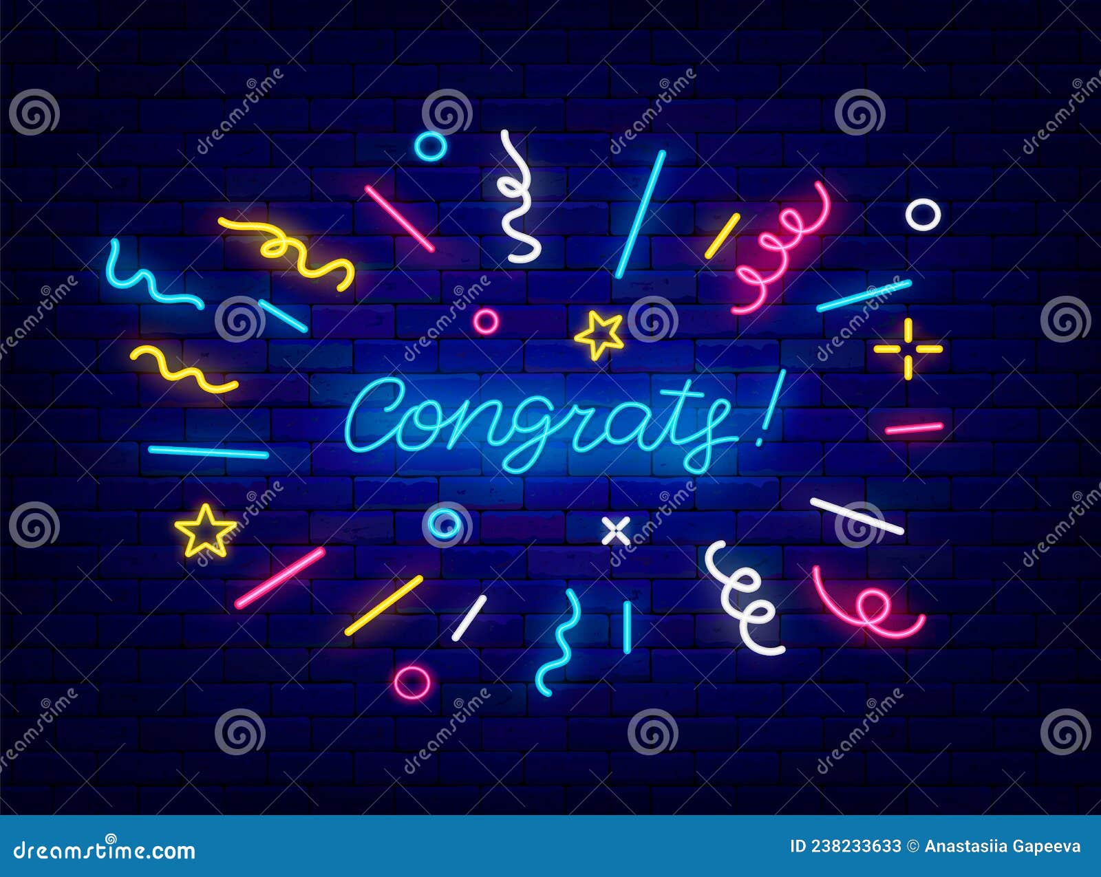 Congrats Neon Lettering with Confetti Frame. Streamer and Sparkles ...