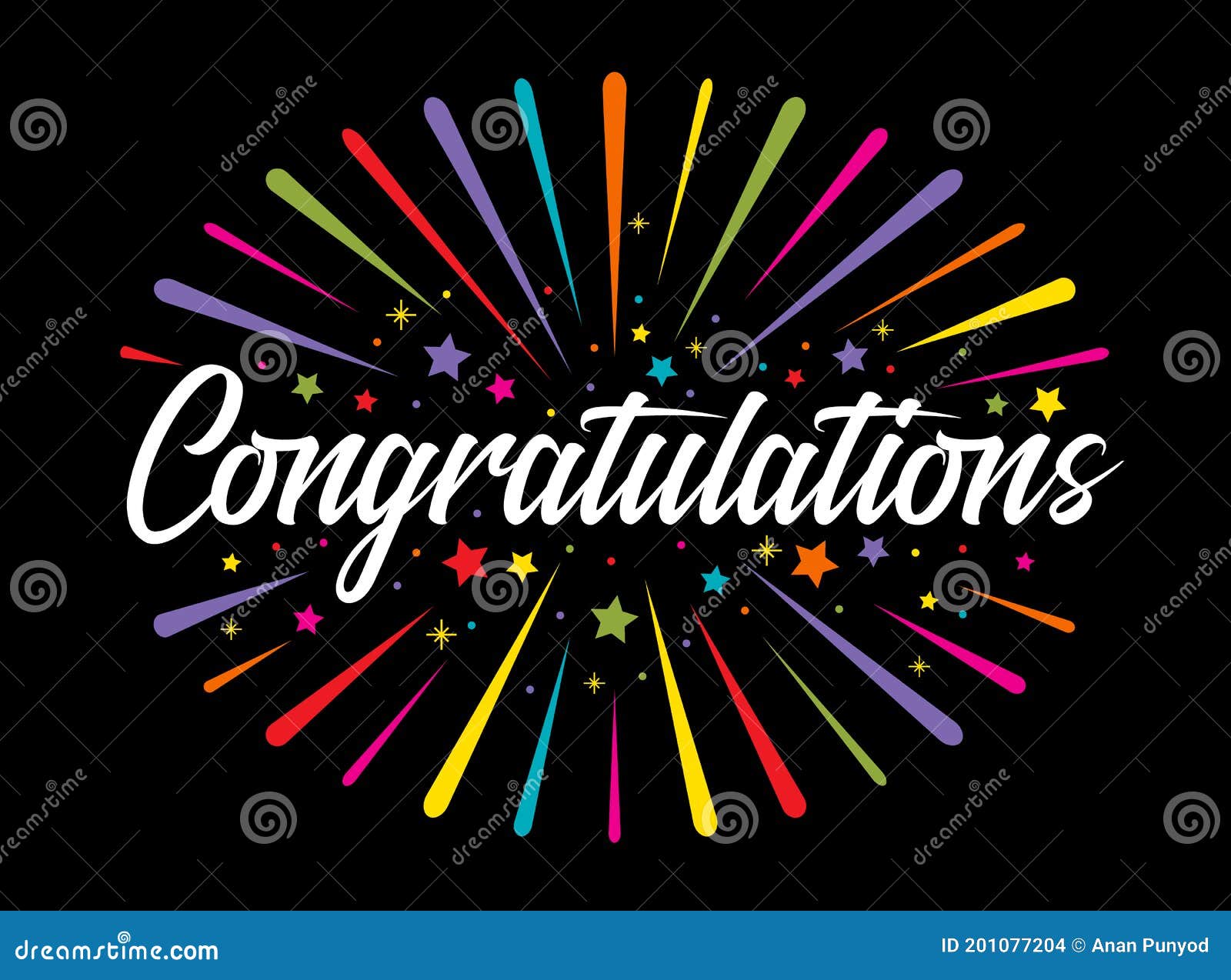 Congratulations Banner with Colorful Fireworks Stars and Circle Bubbles ...