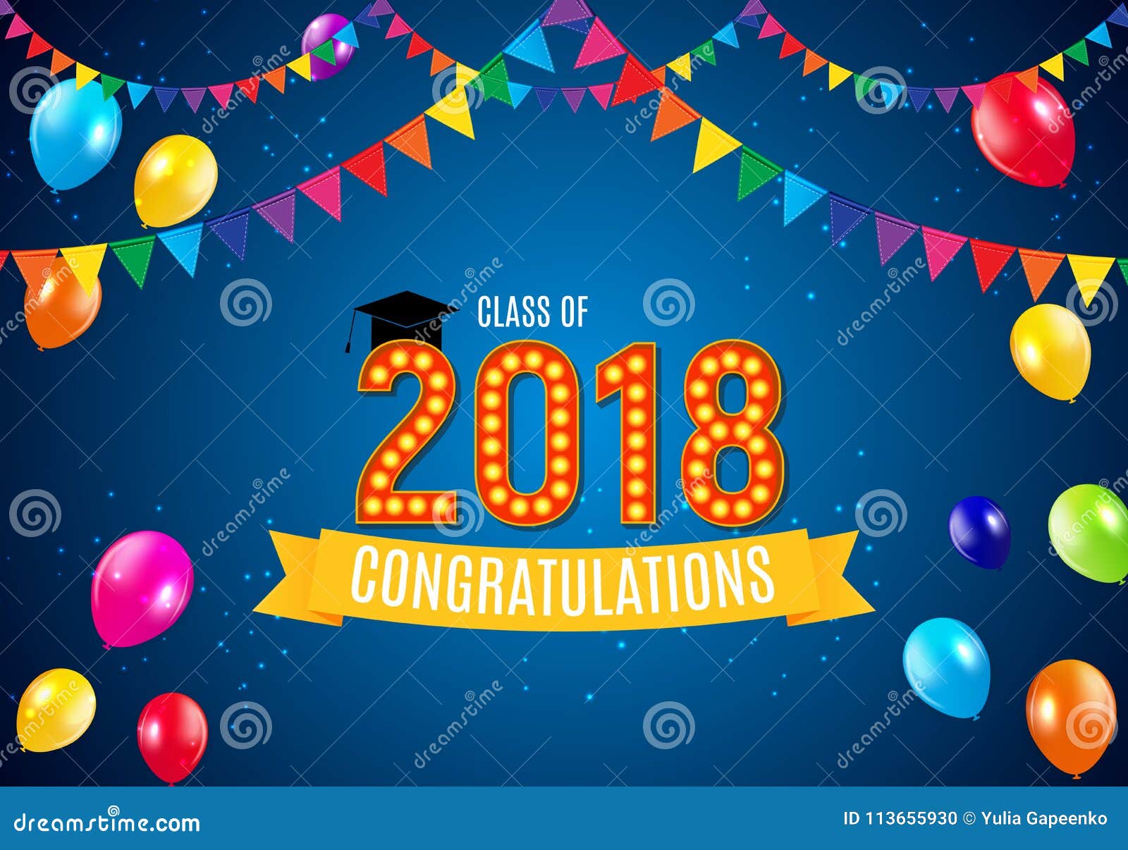 Graduation 2018 Party Invitation Card With Hat, Golden Frame, Flowers ...