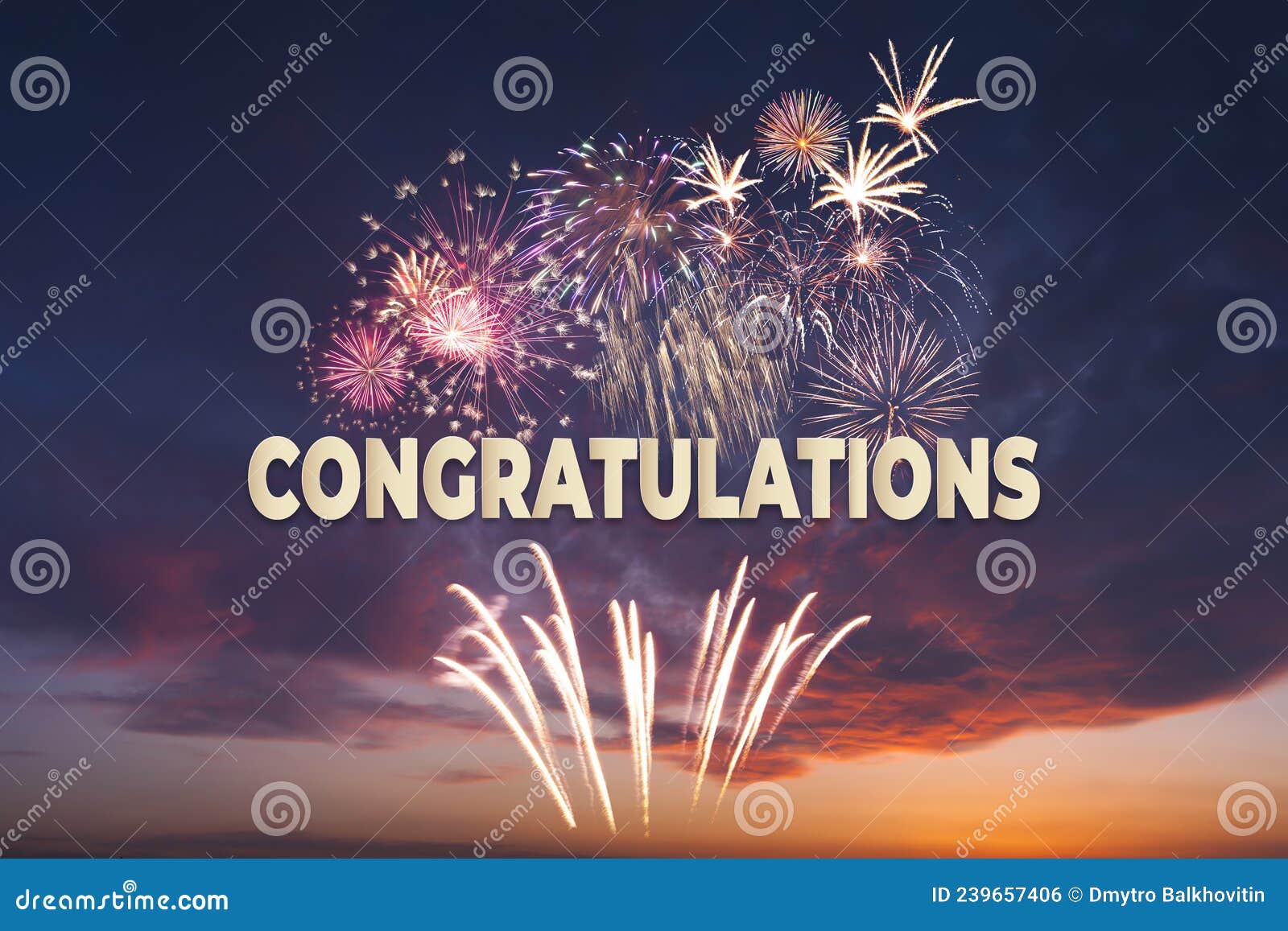 Congratulations Banner with Fireworks in Sky Stock Illustration ...