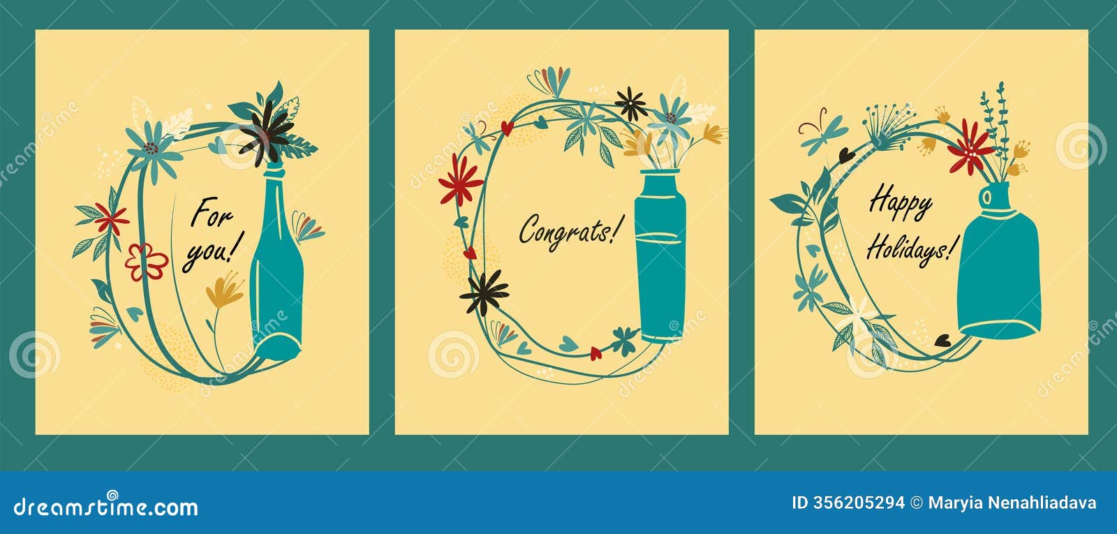 Congratulations. Set of Cards with a Vase. Hand Drawing Stock Vector ...