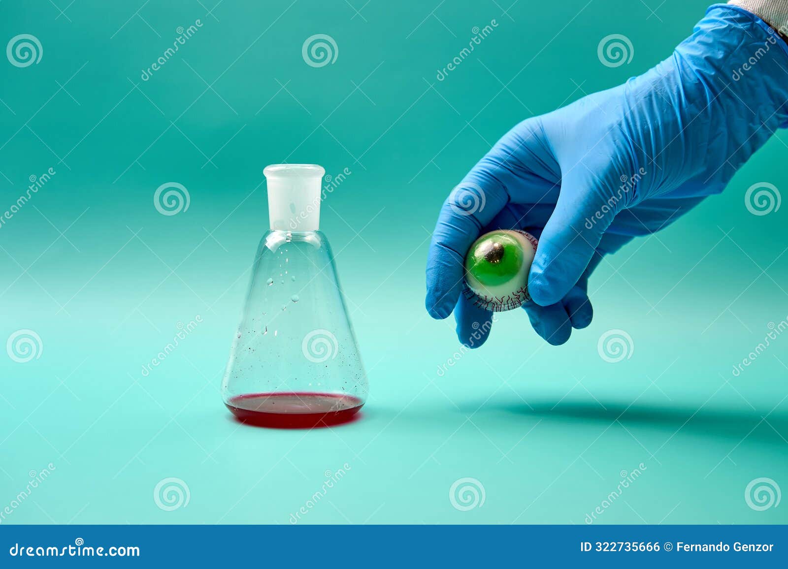 Conical Flask with Red Substance and Hand Holding Artificial Eyeball ...