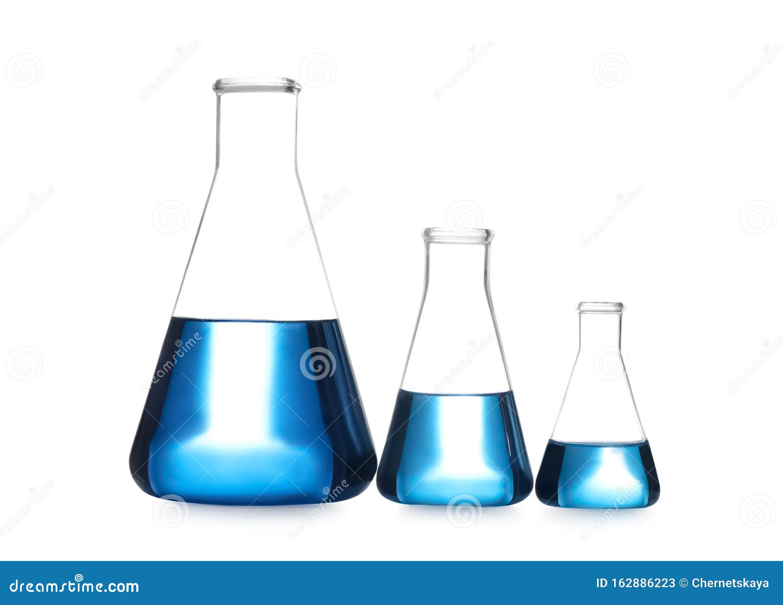 Conical Flasks with Blue Liquid Isolated. Laboratory Glassware Stock ...