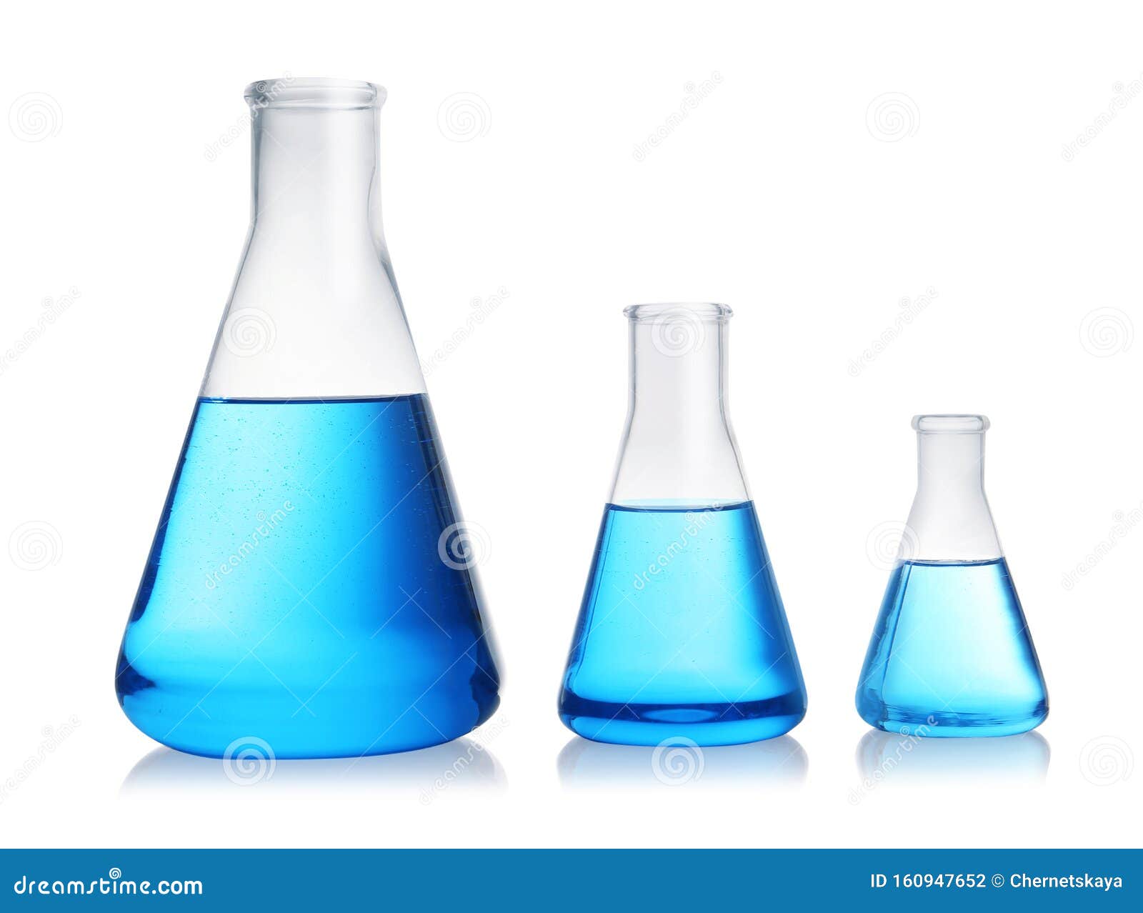Conical Flasks with Blue Liquid on Background. Laboratory Glassware ...