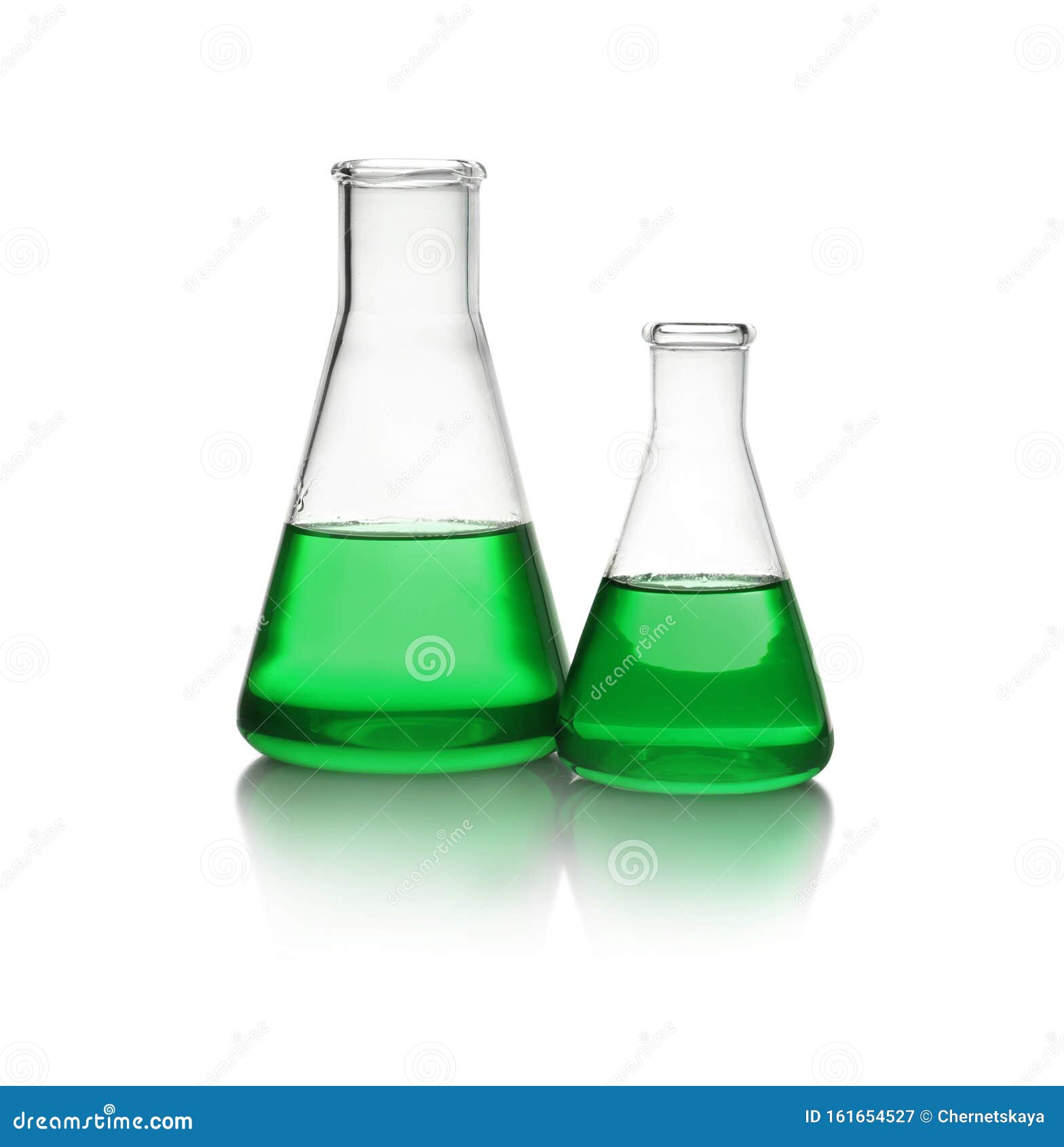 Conical Flasks With Blue Liquid On Background. Laboratory Glassware ...