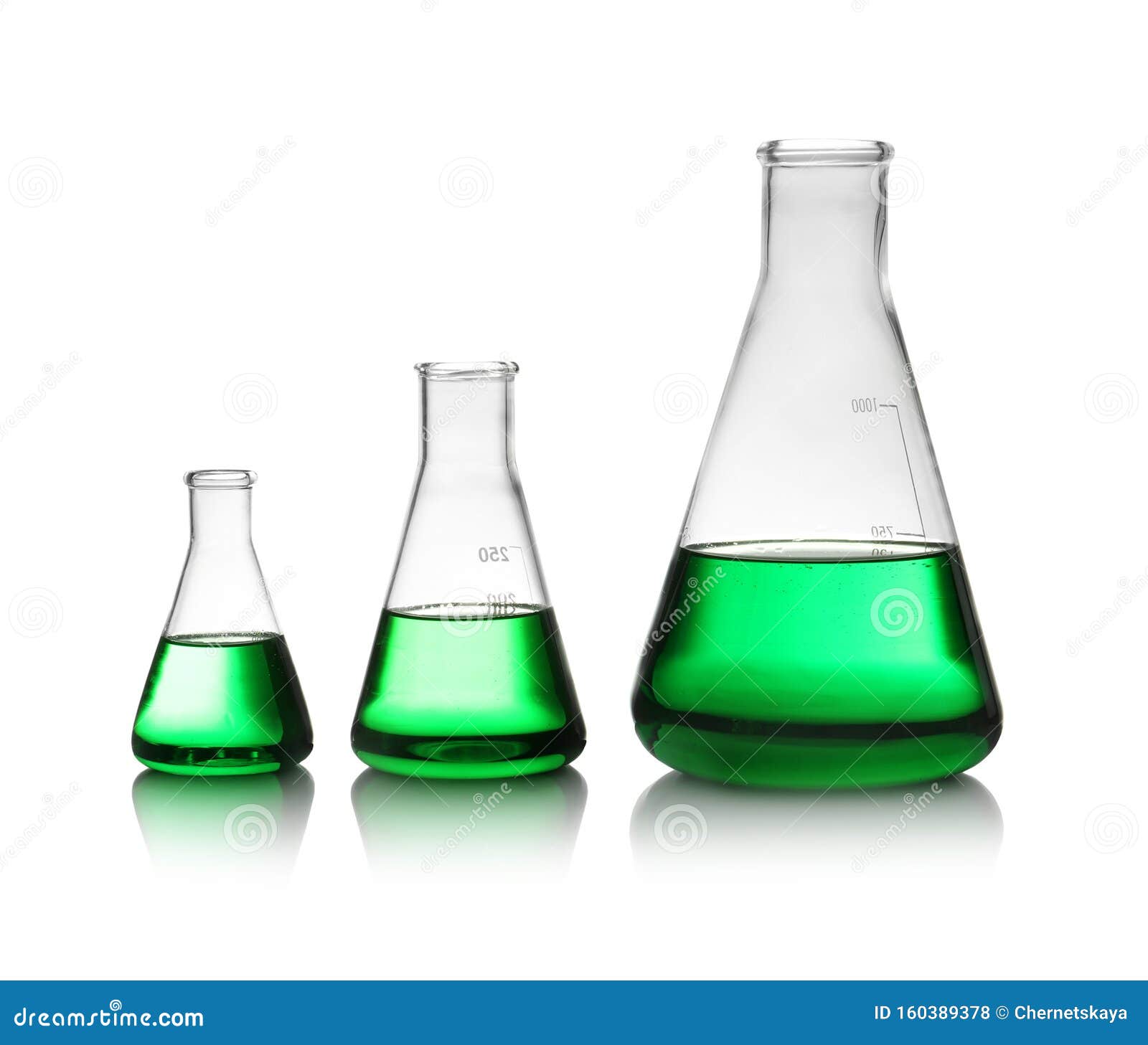 Conical Flasks with Green Liquid on White Stock Photo - Image of object ...