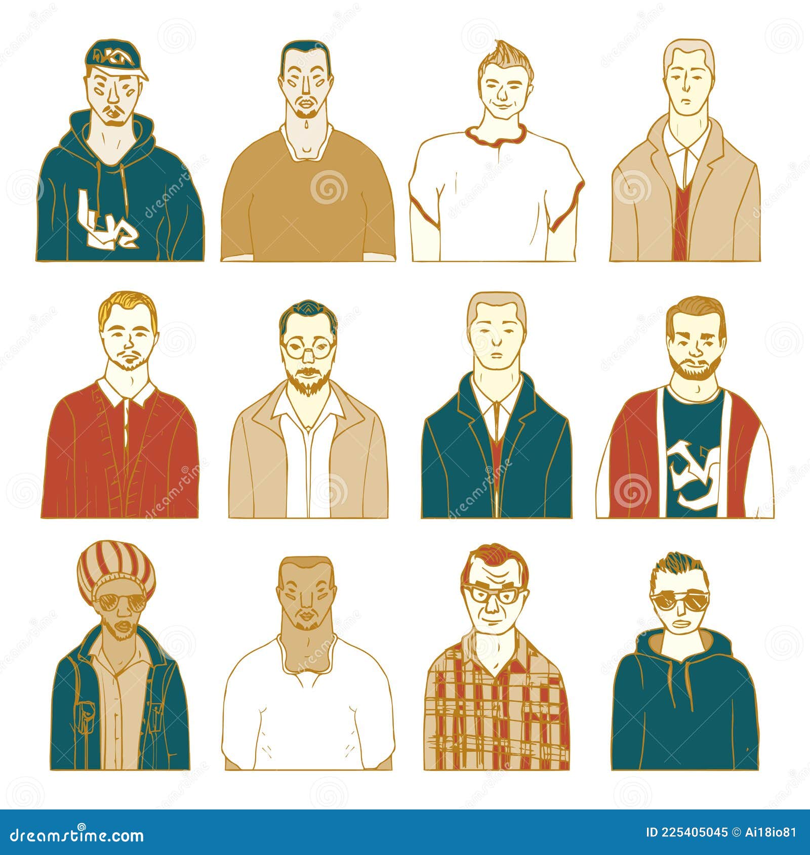 Conjunto De Avatar De Vector Macho Dibujado a Mano. Ilustración del ...