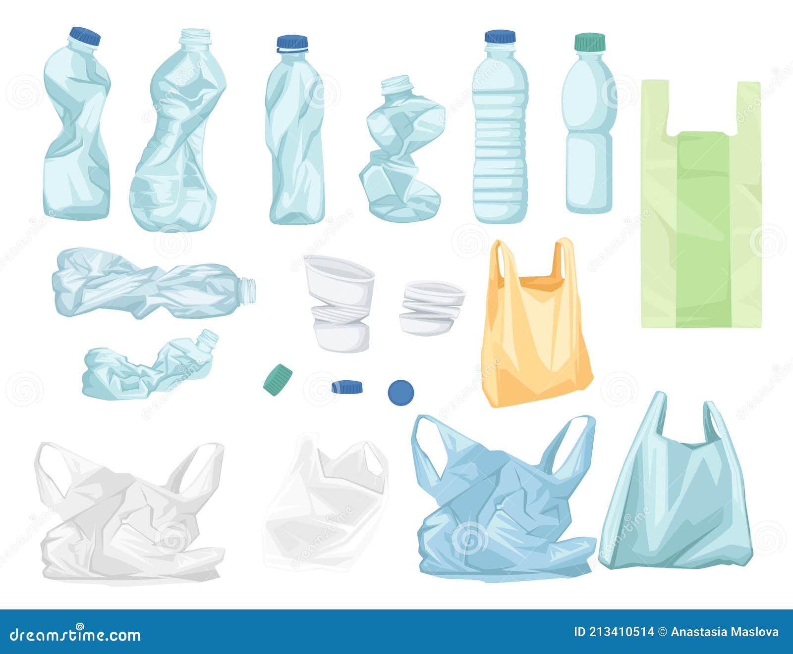 Conjunto De Bolsas De Basura De Plástico Y Botellas De Reciclaje Ecología Problema Vector