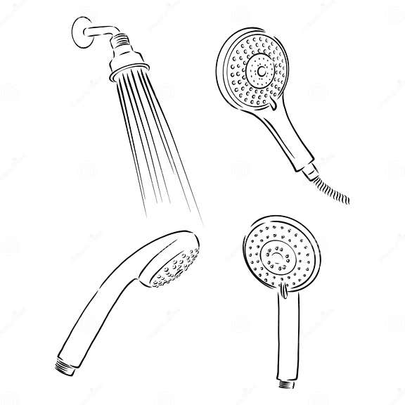 Conjunto De Cabeza De Ducha Con Agua Fluyendo Doodle Estilo Boceto Ilustración Ilustración De